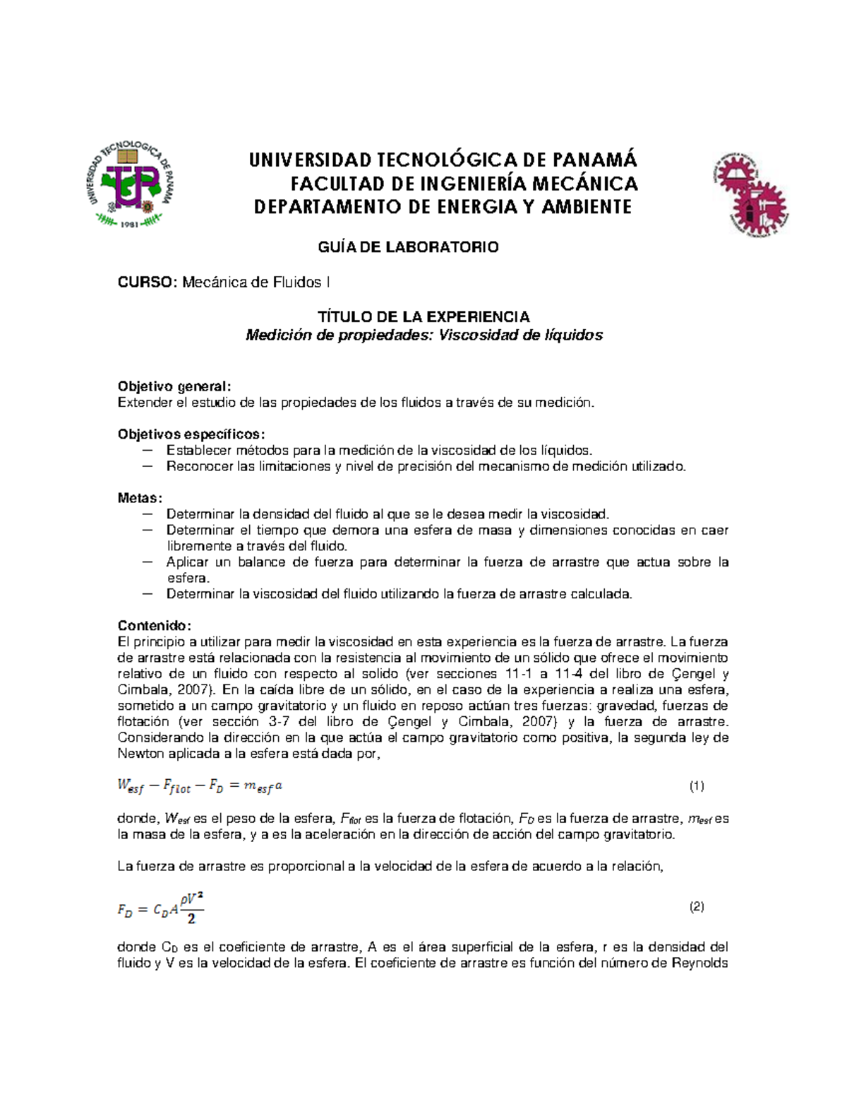 Lab. 2. Medición de propiedades, Viscosidad de líquidos - UNIVERSIDAD TECNOL”GICA DE PANAM ...