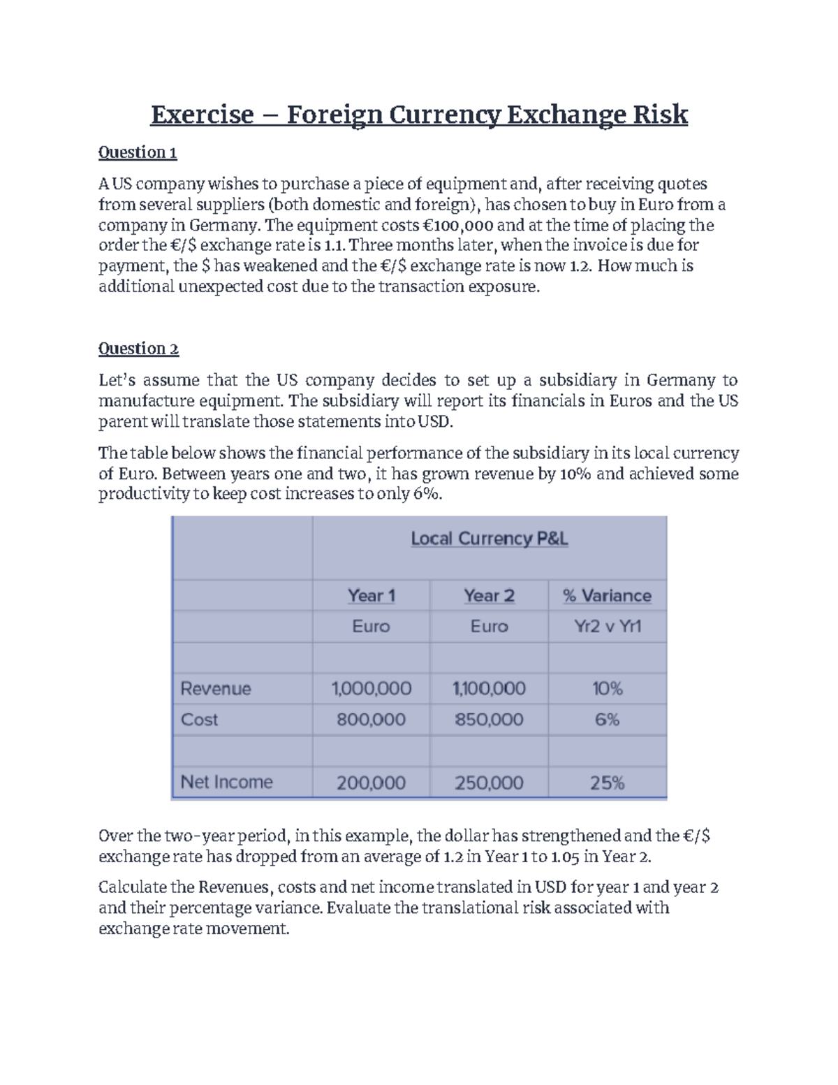 Exercise - Foreign Currency Exchange Risk - Exercise – Foreign Currency ...