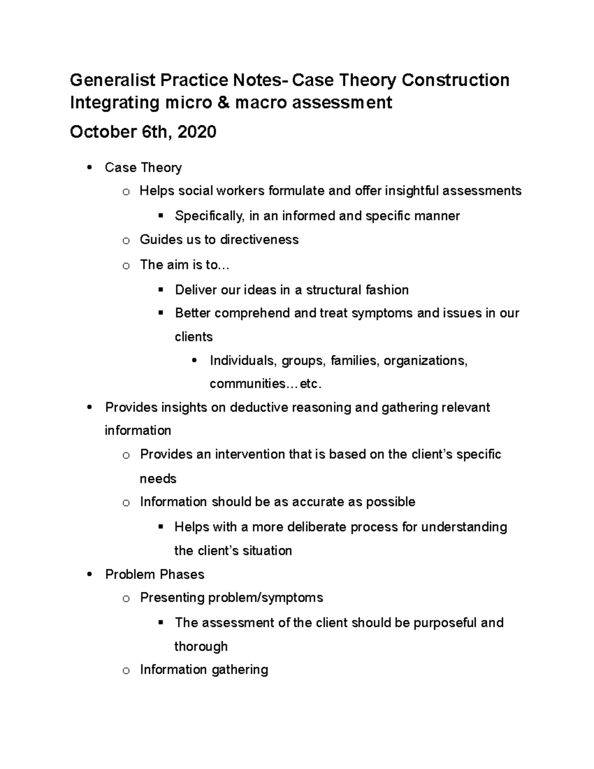2020-10-6 Generalist Practice - Generalist Practice Notes- Case Theory ...