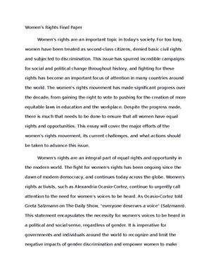 Completed Outline for Women’s Rights Final Paper - Introduction Women's ...