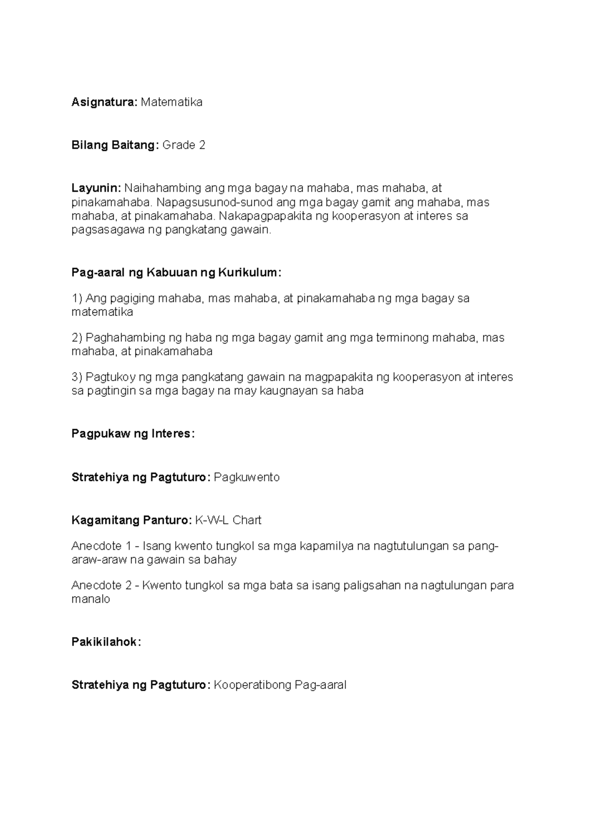 Lesson plan grade 2 math - Asignatura: Matematika Bilang Baitang: Grade ...