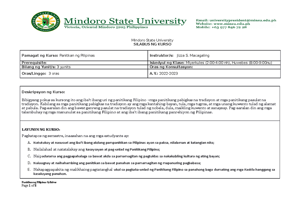Panitikan ng Pilipinas Syllabus - Mindoro State University SILABUS NG ...