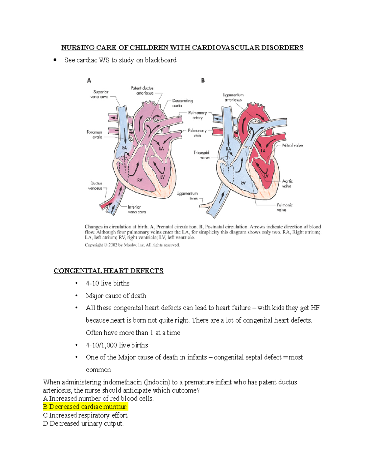 Nur 408- Cardiac EXAM 2 - Peds Notes-Exam 2 - NURSING CARE OF CHILDREN ...
