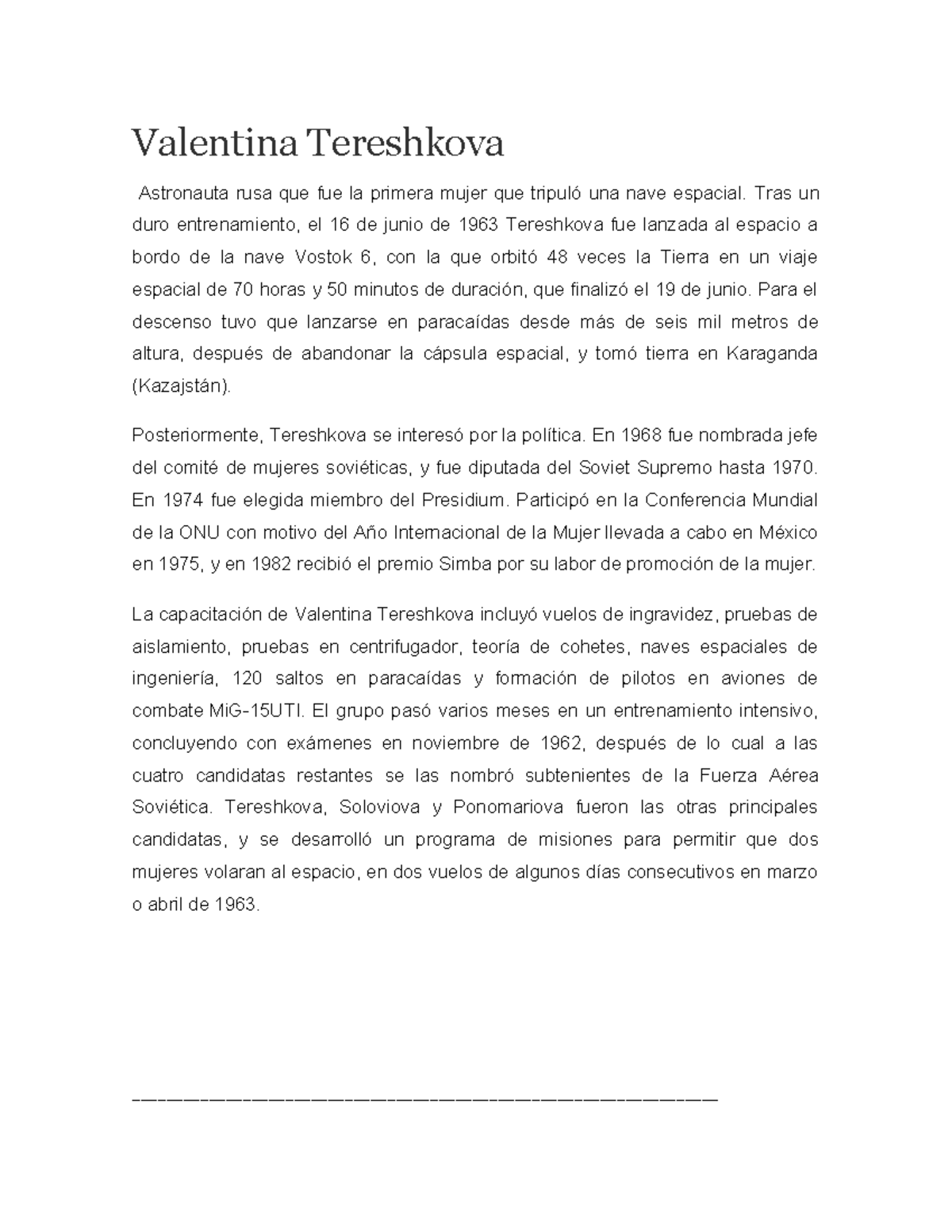 Biografias dia de la mujer - Valentina Tereshkova Astronauta rusa que ...