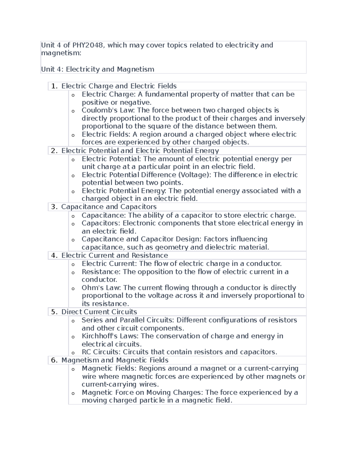 Unit 4 of PHY2048 - Unit 4 of PHY2048, which may cover topics related to electricity and ...