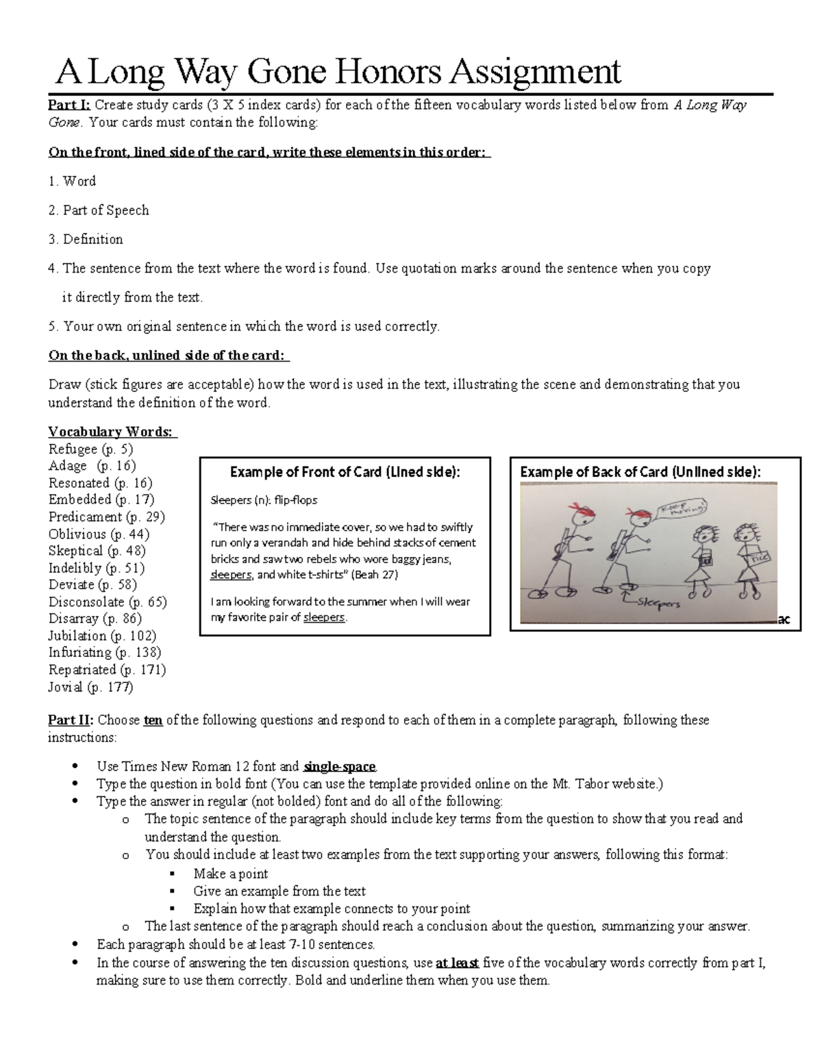 A Long Way Gone Honors Assignment - Example of Front of Card (Lined ...