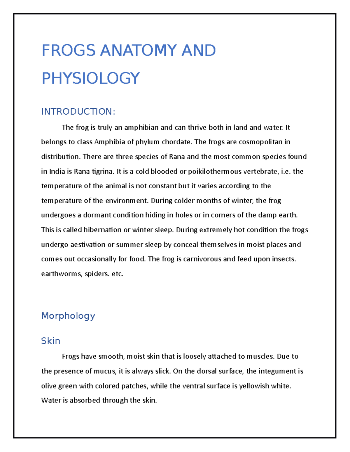 Detail NOTE ON Frogs Anatomy AND Physiology - FROGS ANATOMY AND ...