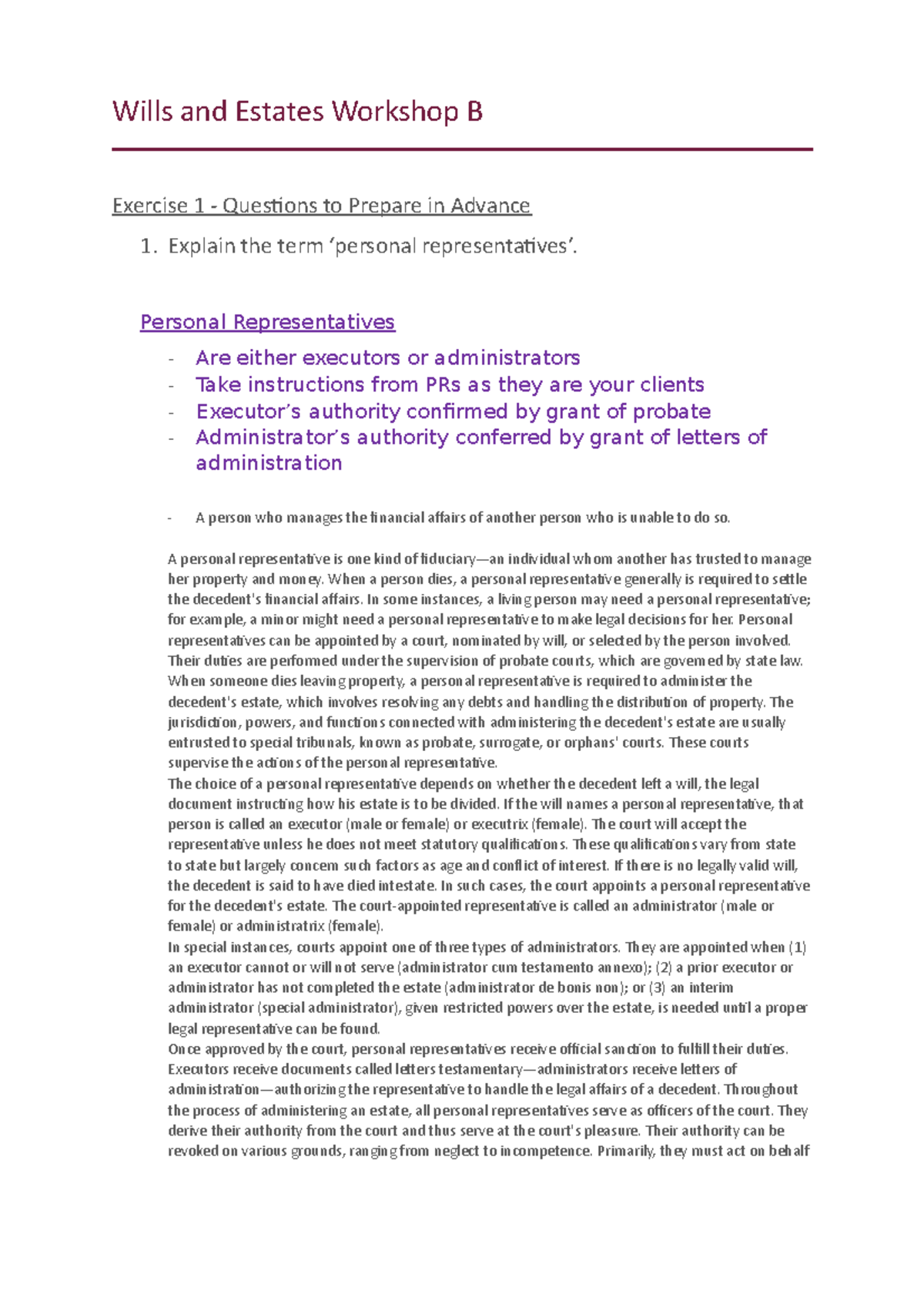 Tutorial work - Wills and Estates - Wills and Estates Workshop B ...