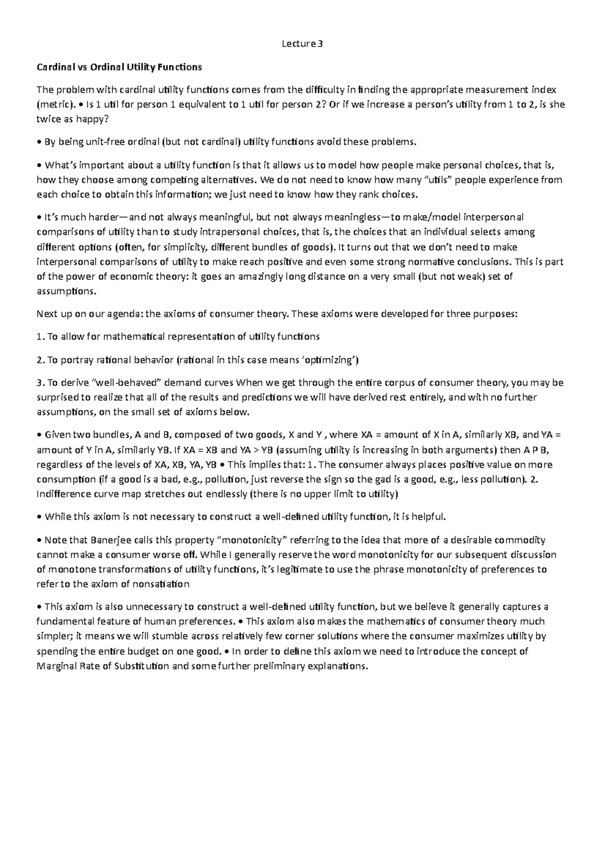 Lecture 3 - Lecture 3 Cardinal vs Ordinal Utility Functions The problem ...