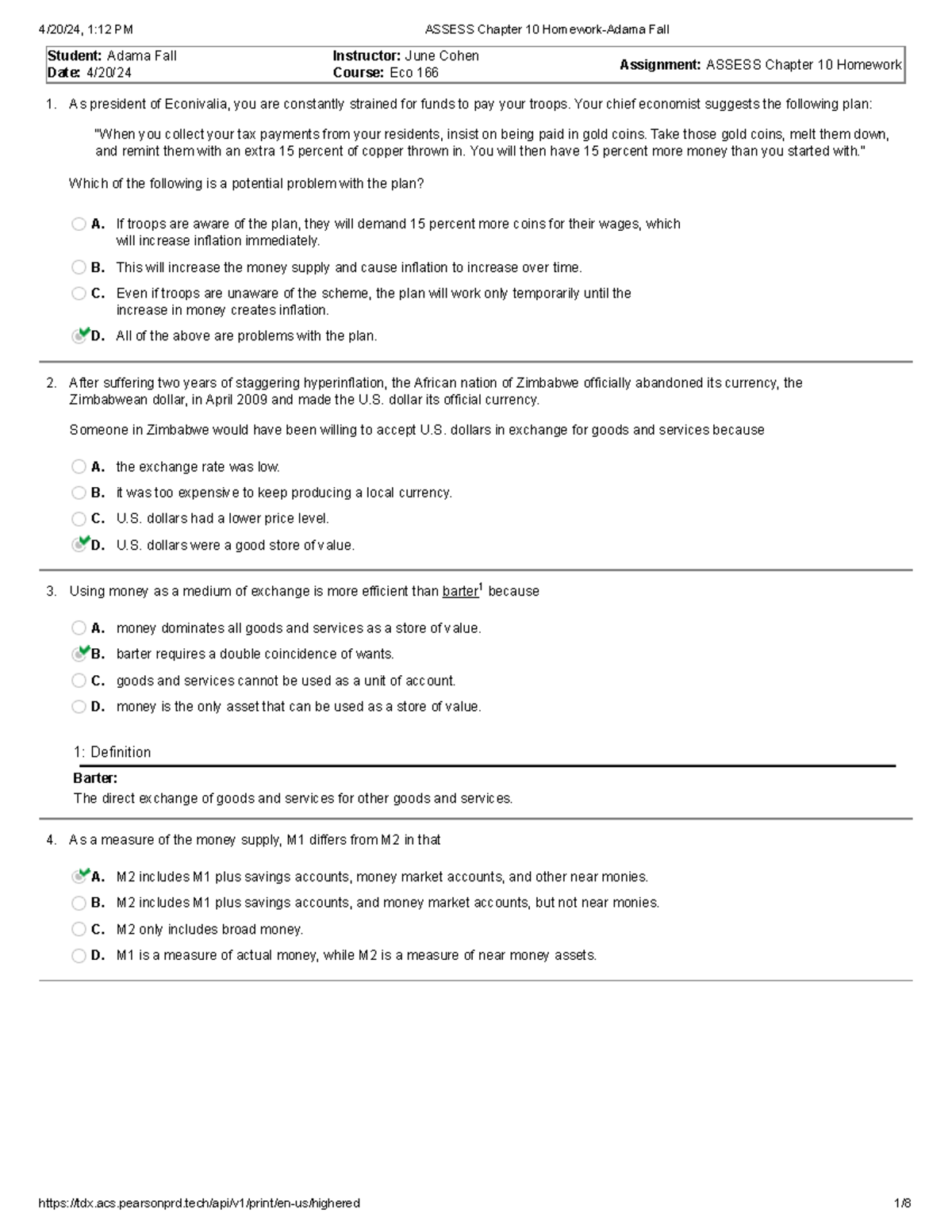 Assess Chapter 10 Homework-AF - 1. 2. 3. 4. Student: Adama Fall Date: 4 ...
