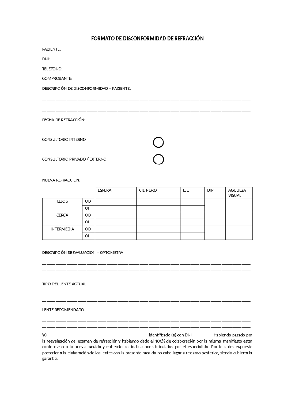Formato DE Disconformidad DE Refracción - FORMATO DE DISCONFORMIDAD DE ...