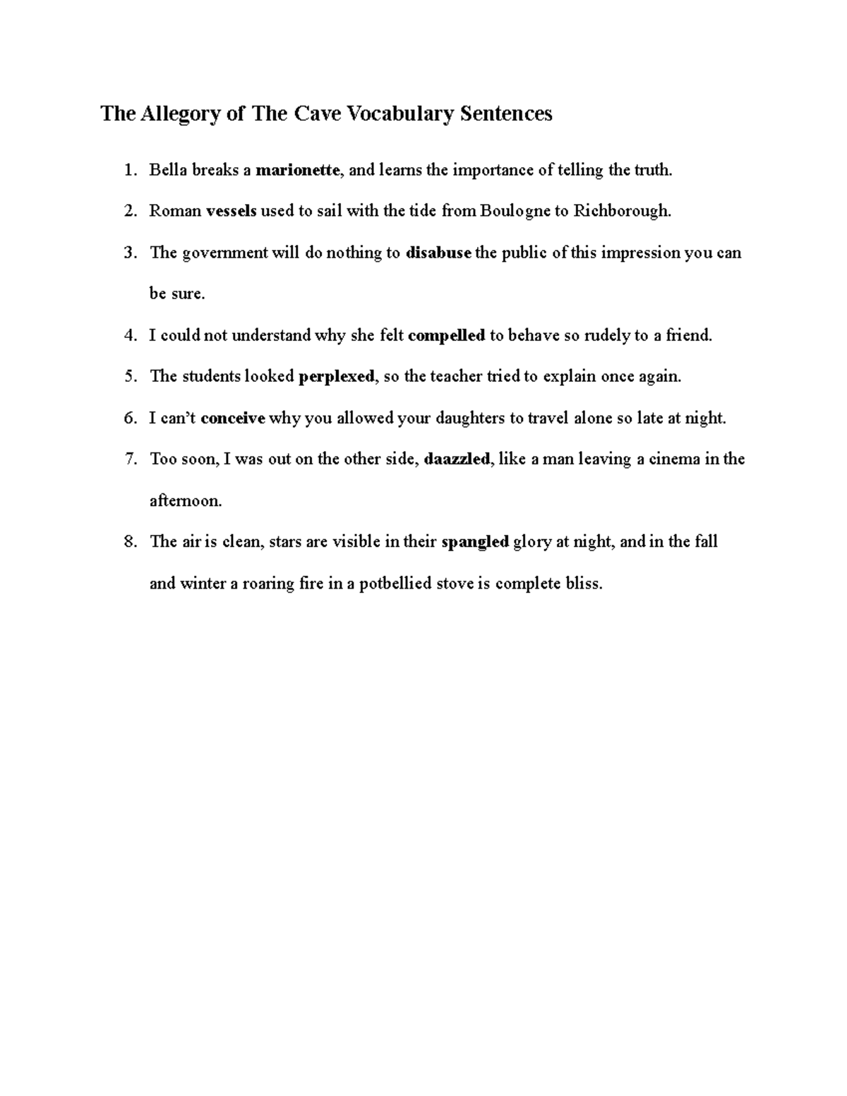 Vocabulary sentences - The Allegory of The Cave Vocabulary Sentences ...