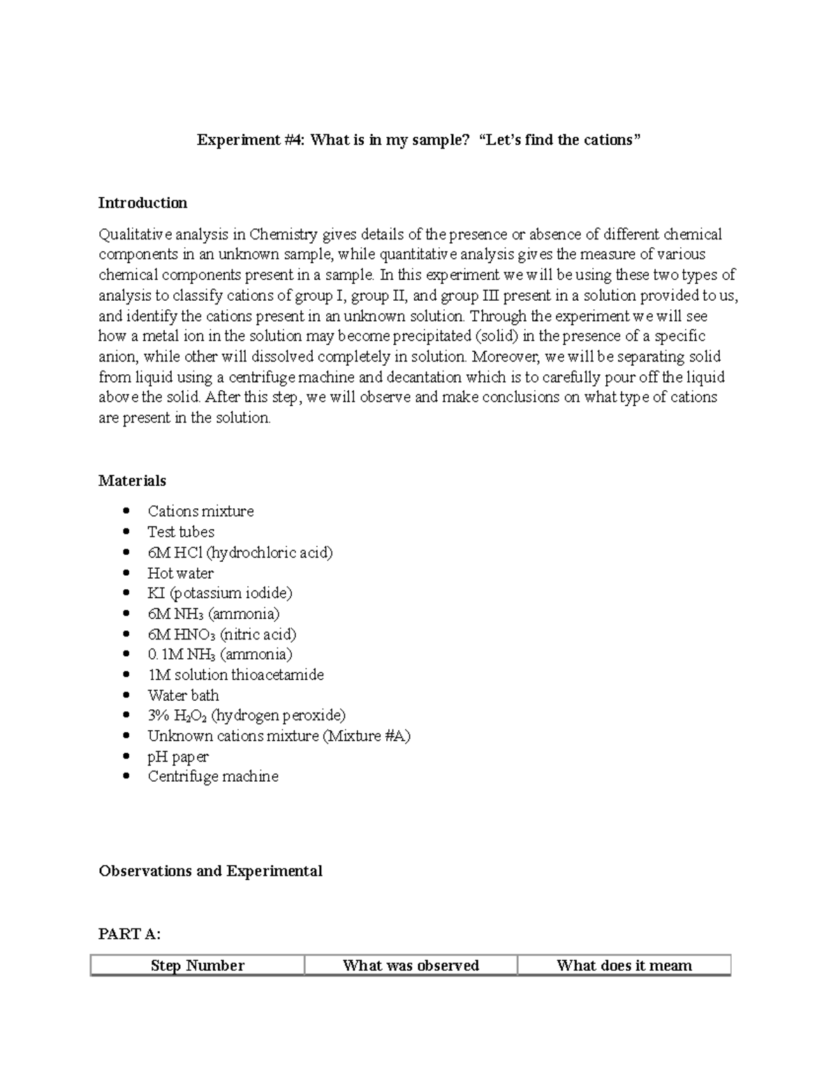 Experiment #4: What is in my sample? “Let’s find the cations ...