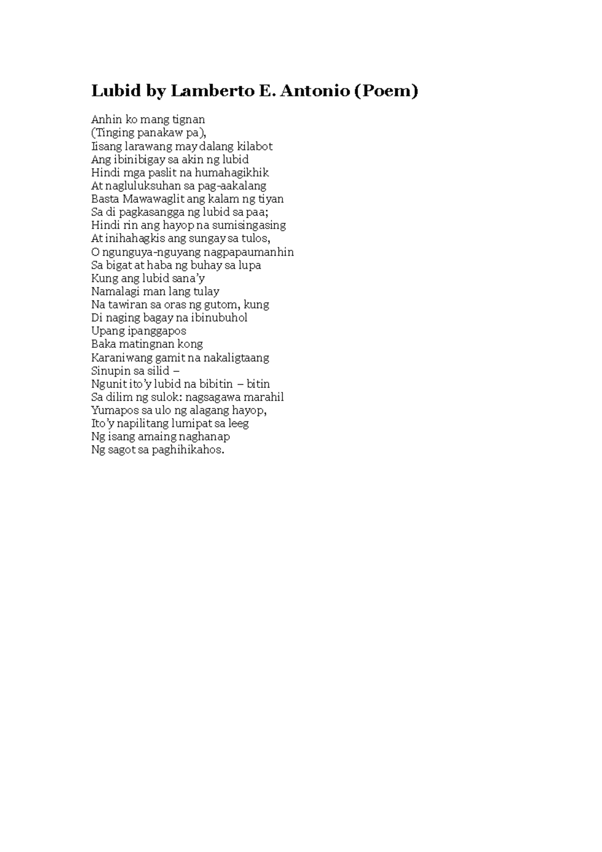Lubid by Lamberto E - Poem - Lubid by Lamberto E. Antonio (Poem) Anhin ...