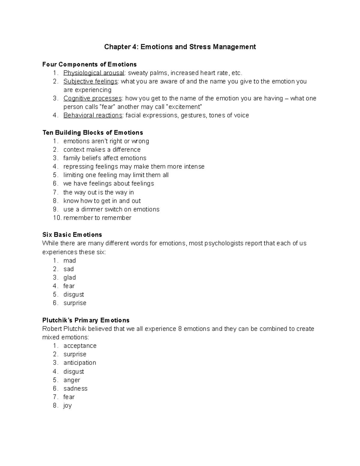 Chapter 4: Emotions and Stress Management (notes) - Chapter 4: Emotions ...