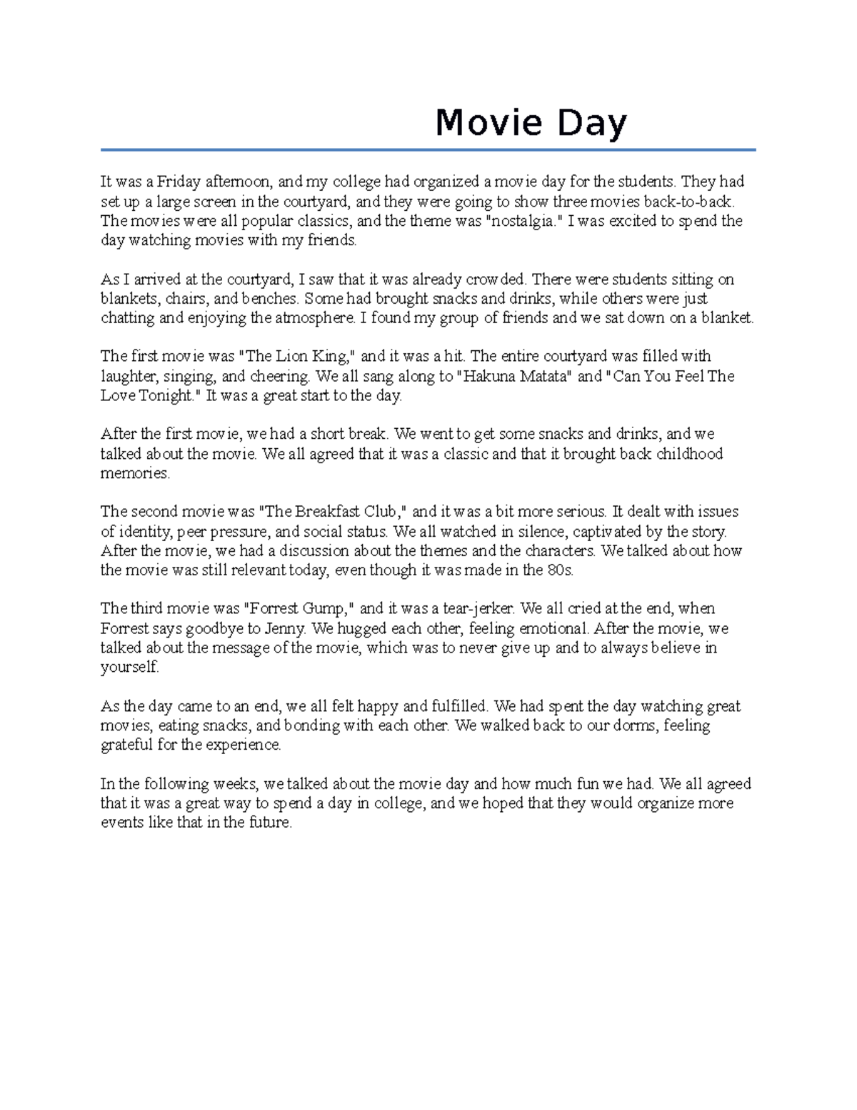 Movie Day short story - Movie Day It was a Friday afternoon, and my ...