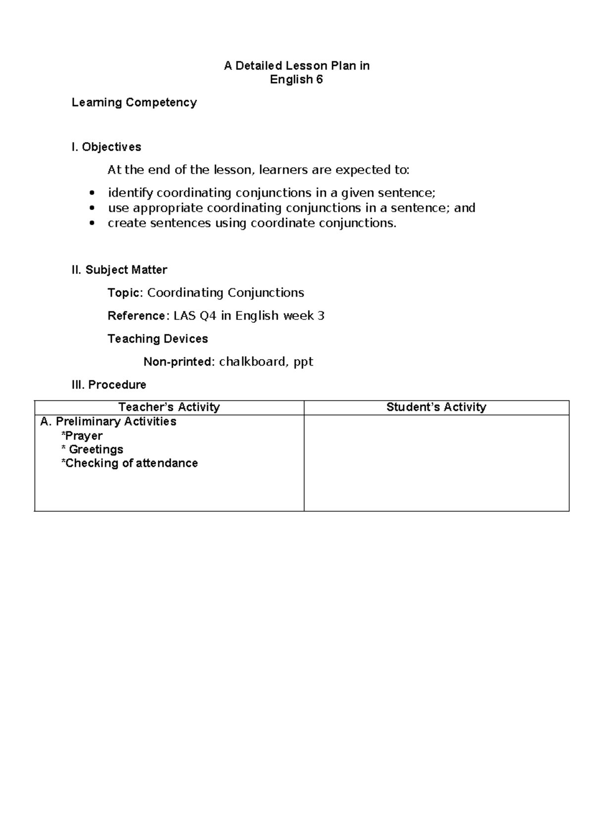 COT 4- Conjunctions - A Detailed Lesson Plan in English 6 Learning ...