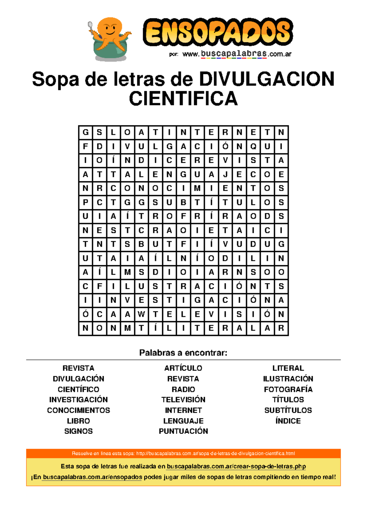 Sopa de letras de divulgacion cientifica - Sopa de letras de ...