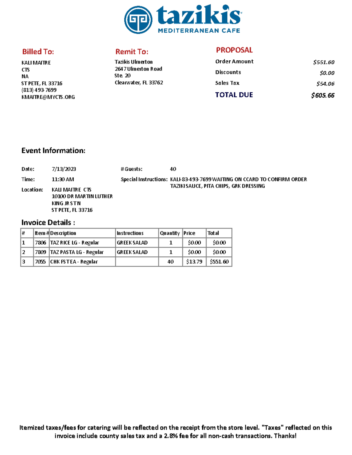 Clearwater JULY 13 FST KALI CTS - Billed To: KALI MAITRE CTS NA ST PETE ...