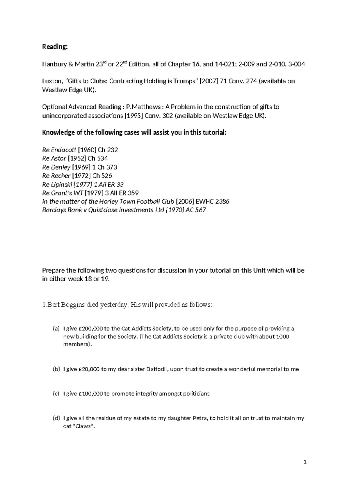 Tutorial - Reading: Hanbury & Martin 23rd or 22nd Edition, all of ...