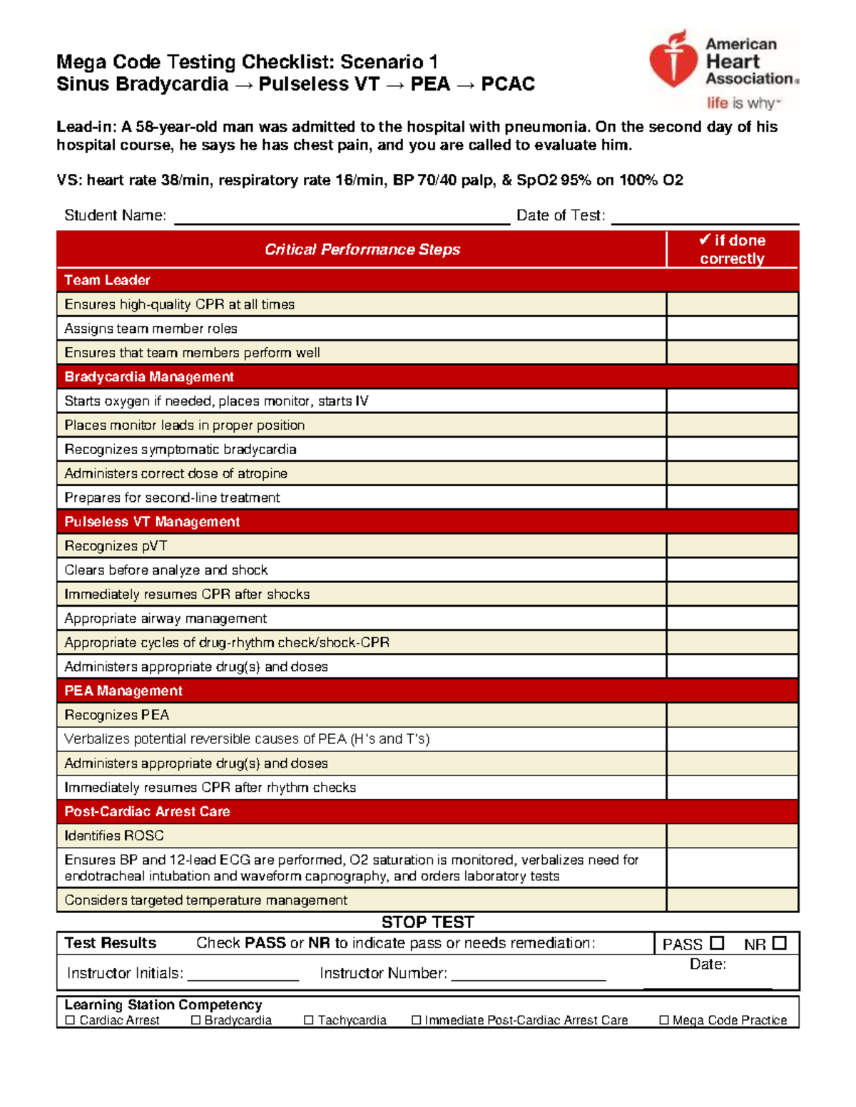 Mega Code Checklist (1-6) - Sinus Bradycardia → Pulseless VT → PEA → ...