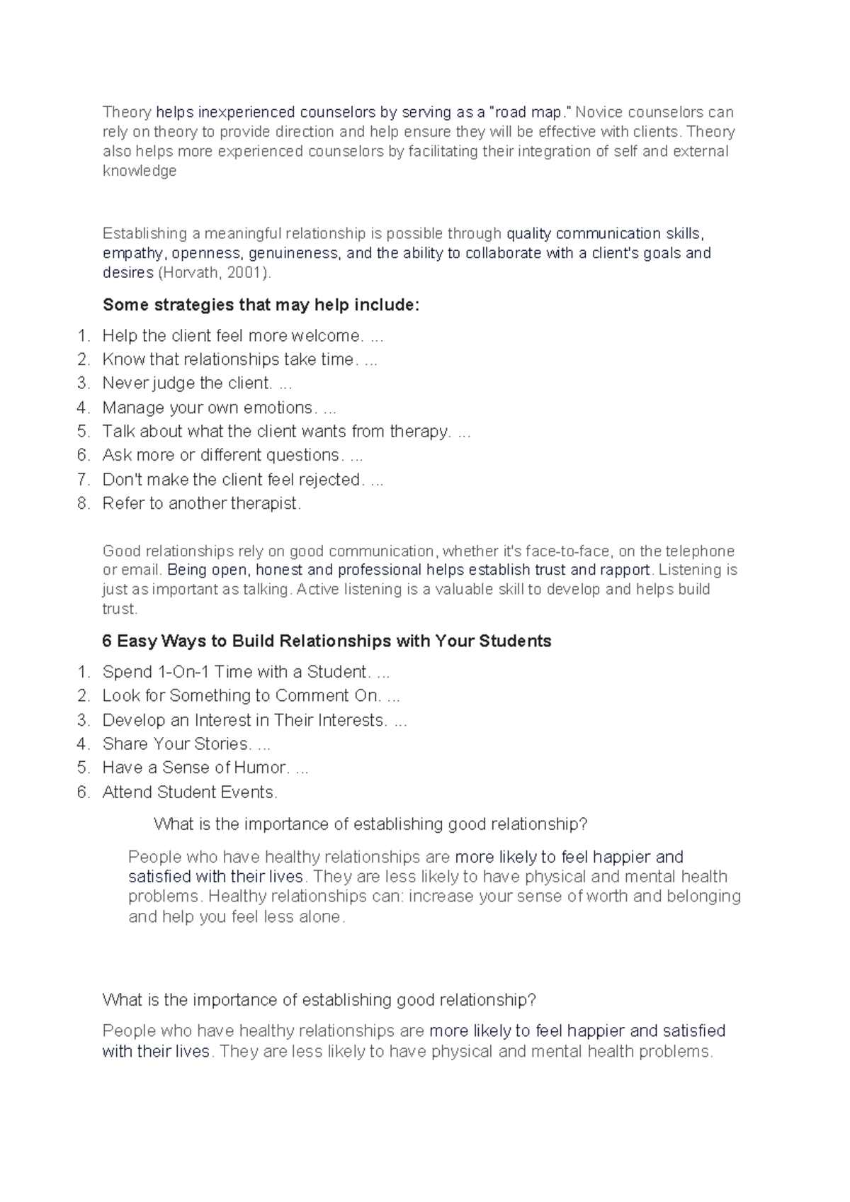 Establishing Good Relationship - Theory helps inexperienced counselors ...