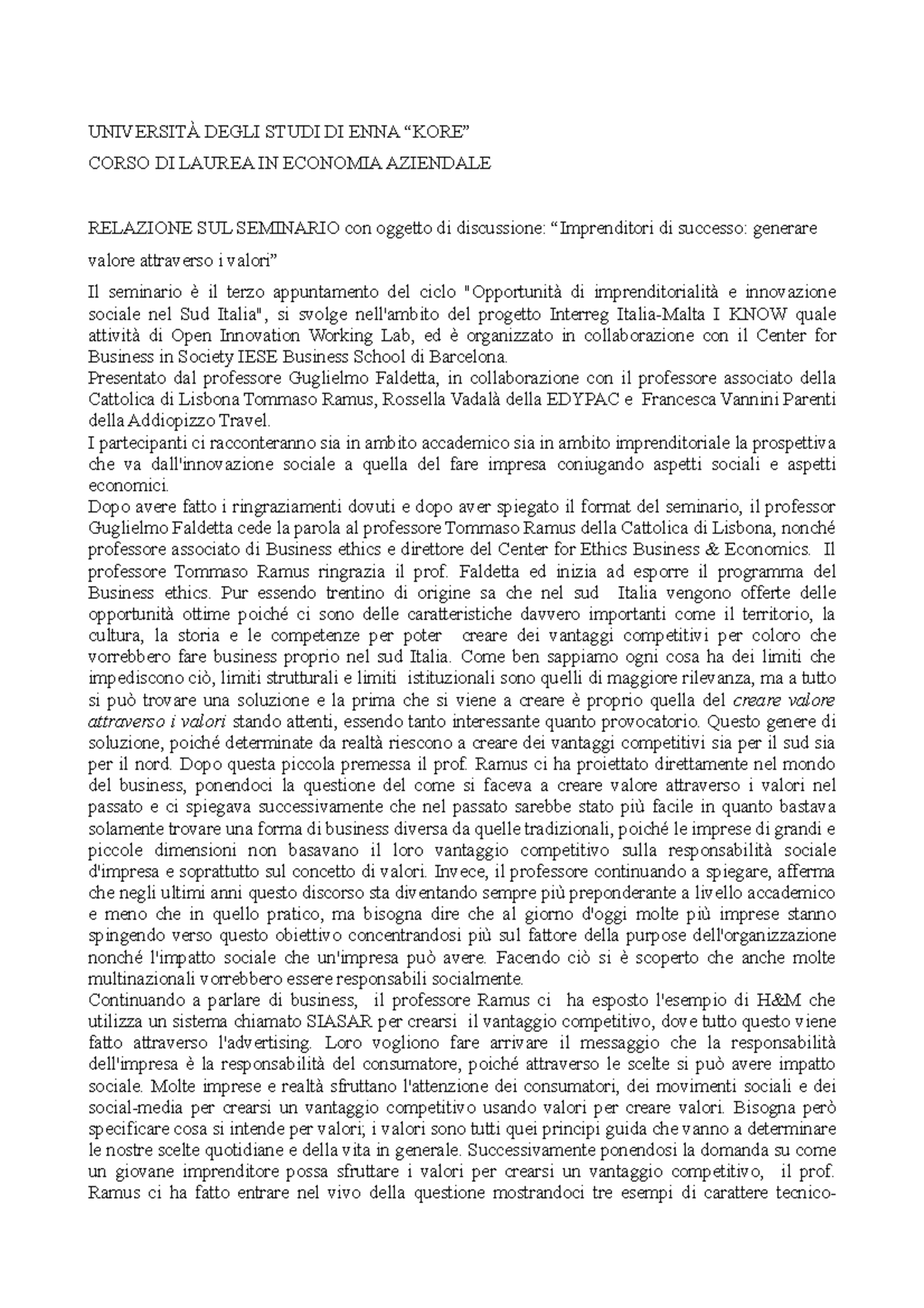 Relazione seminario - UNIVERSITÀ DEGLI STUDI DI ENNA “KORE” CORSO DI LAUREA IN ECONOMIA ...