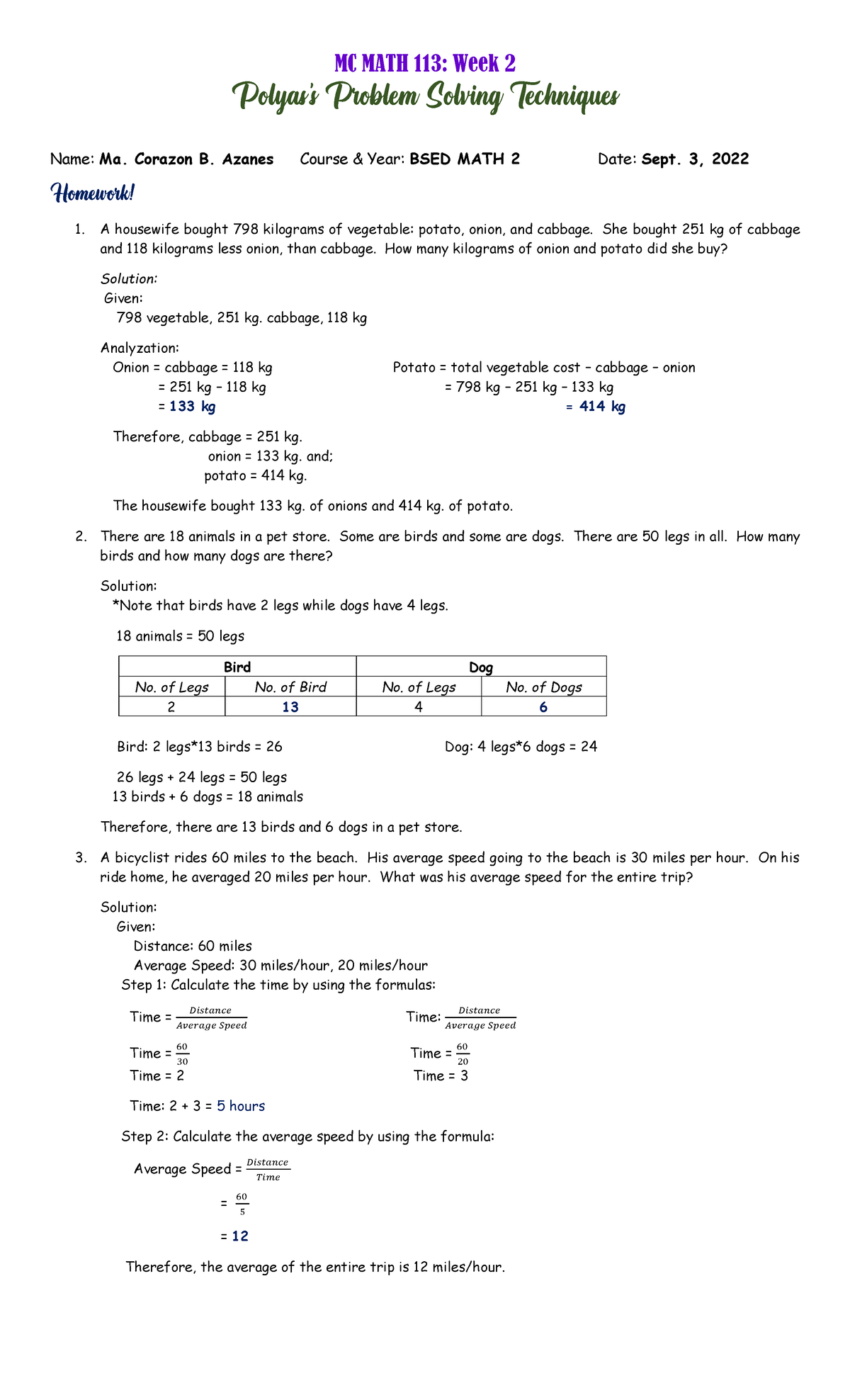 MC MATH 113 Week 2 4 5 - Polyas’s Problem Solving Techniques Name: Ma ...