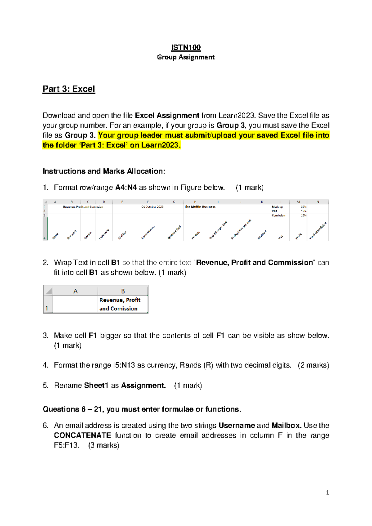 Instructions - Part 3 Excel - 1 ISTN Group Assignment Part 3: Excel Download and open the file ...