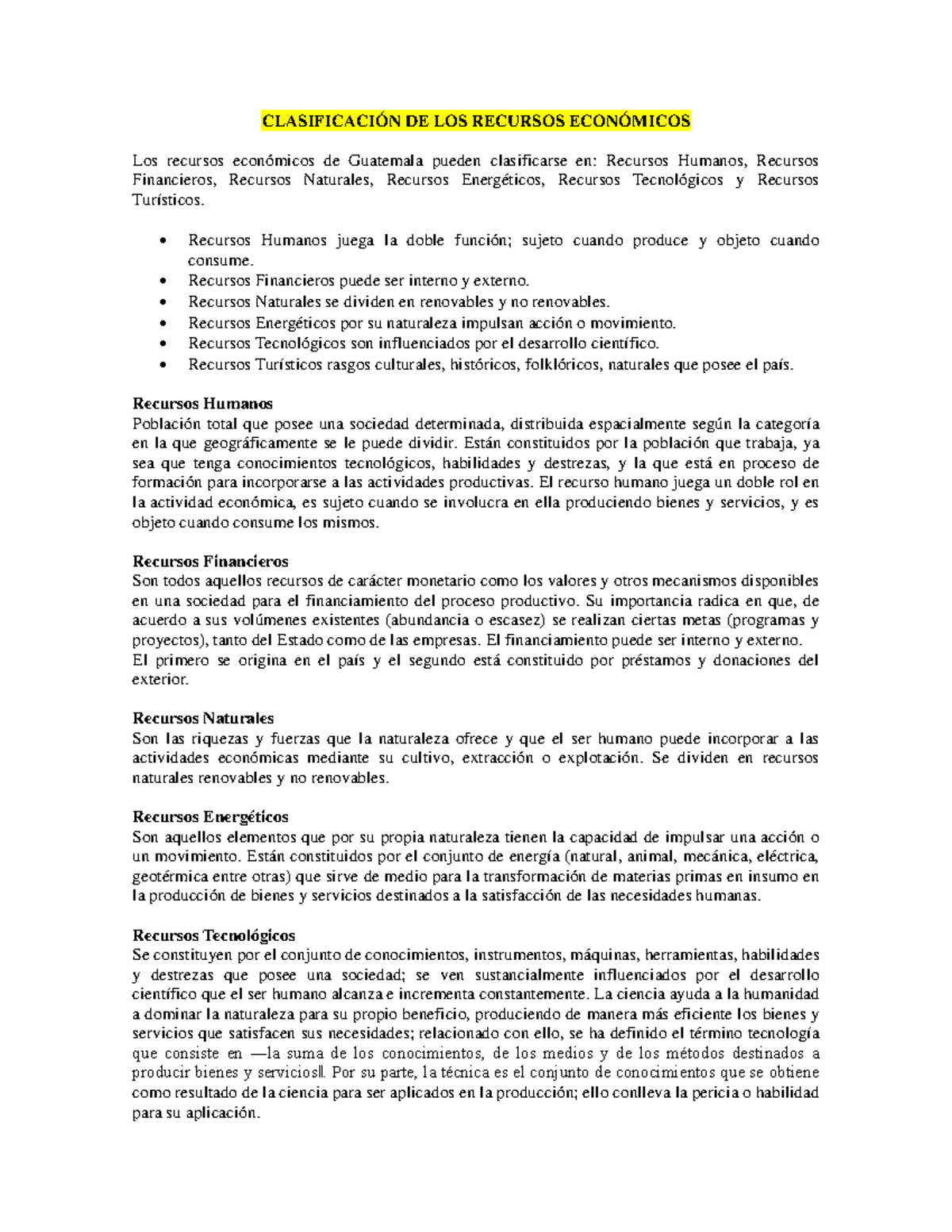 Documento Importante Geografía Económica - CLASIFICACIÓN DE LOS ...