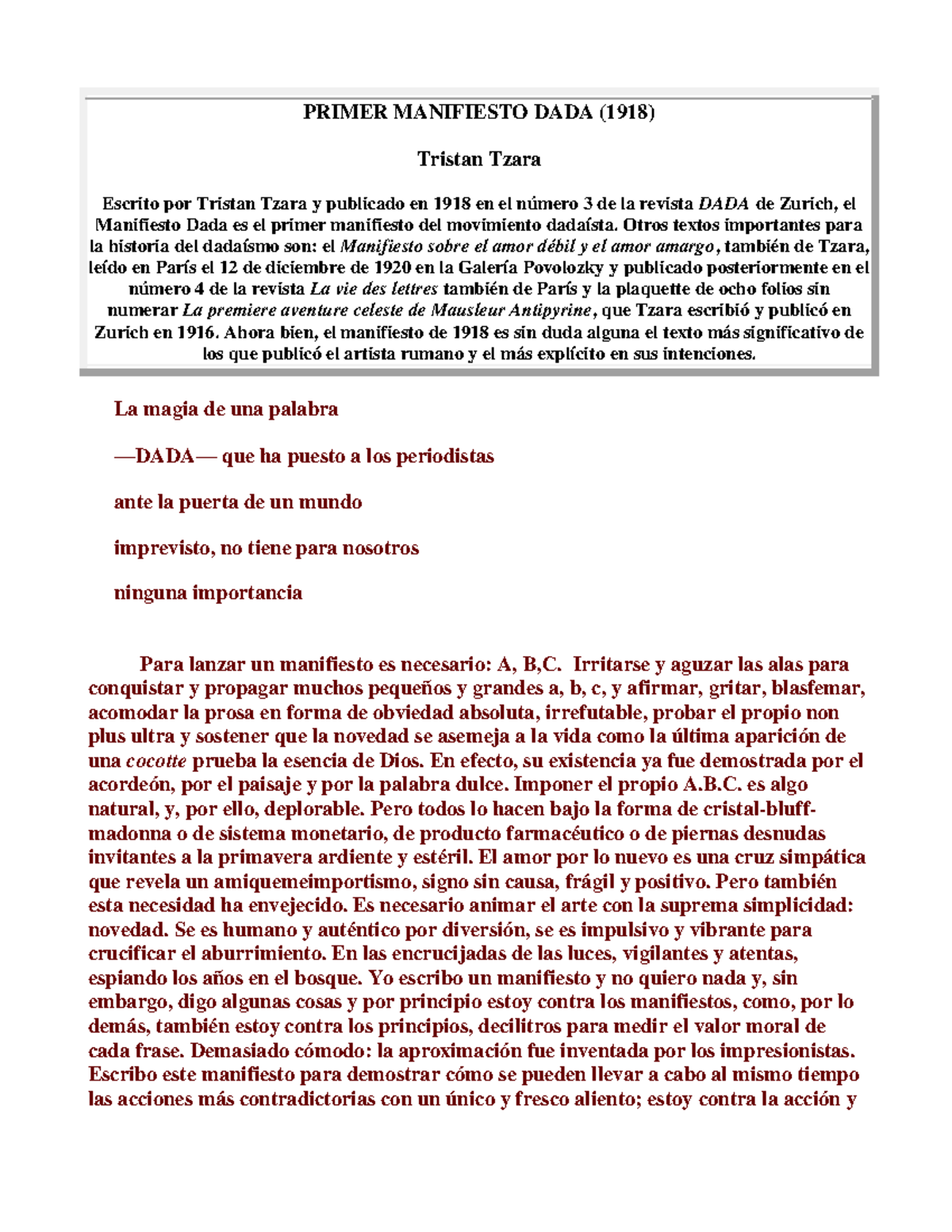 Tzara, Tristan Primer manifiesto Dada 1918 - PRIMER MANIFIESTO DADA ...