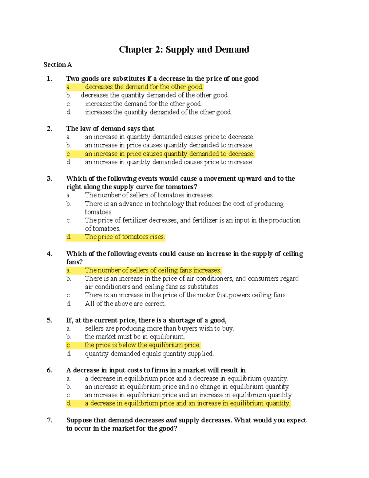 Review pt 1 - Business Economics - Chapter 2: Supply and Demand Section ...