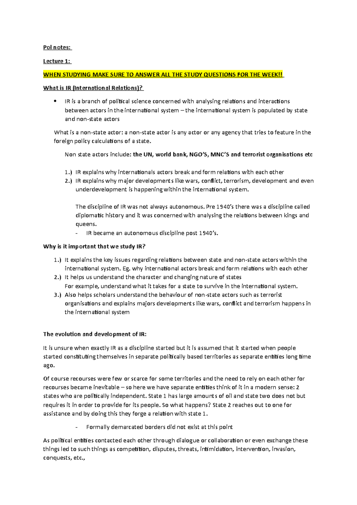 Pol notes - Pol notes: Lecture 1: WHEN STUDYING MAKE SURE TO ANSWER ALL ...