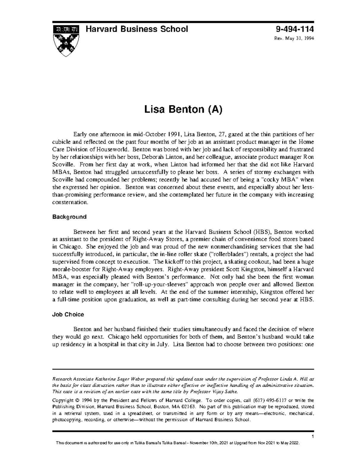 Lisa Benton - Case study by Upgrad - Harvard Business School 9-494- Rev ...