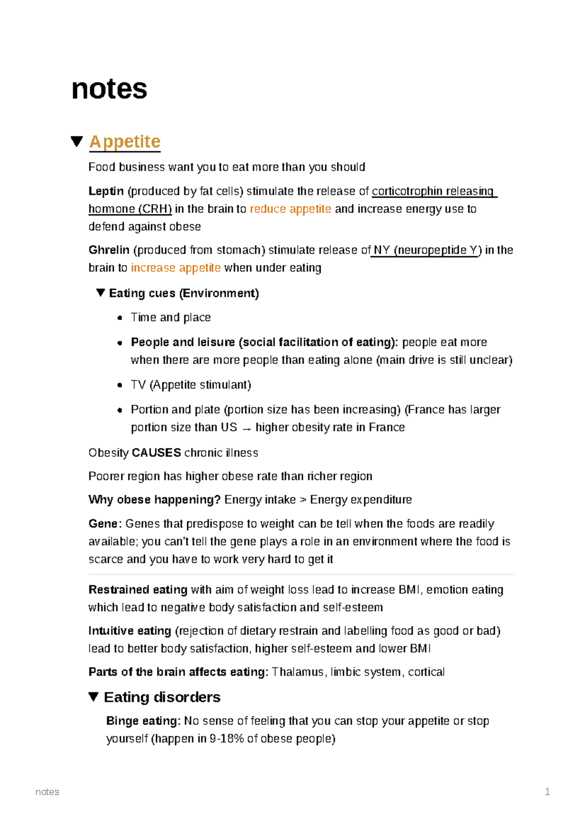 Appetite - Lecture notes - notes 1 notes Appetite Food business want ...