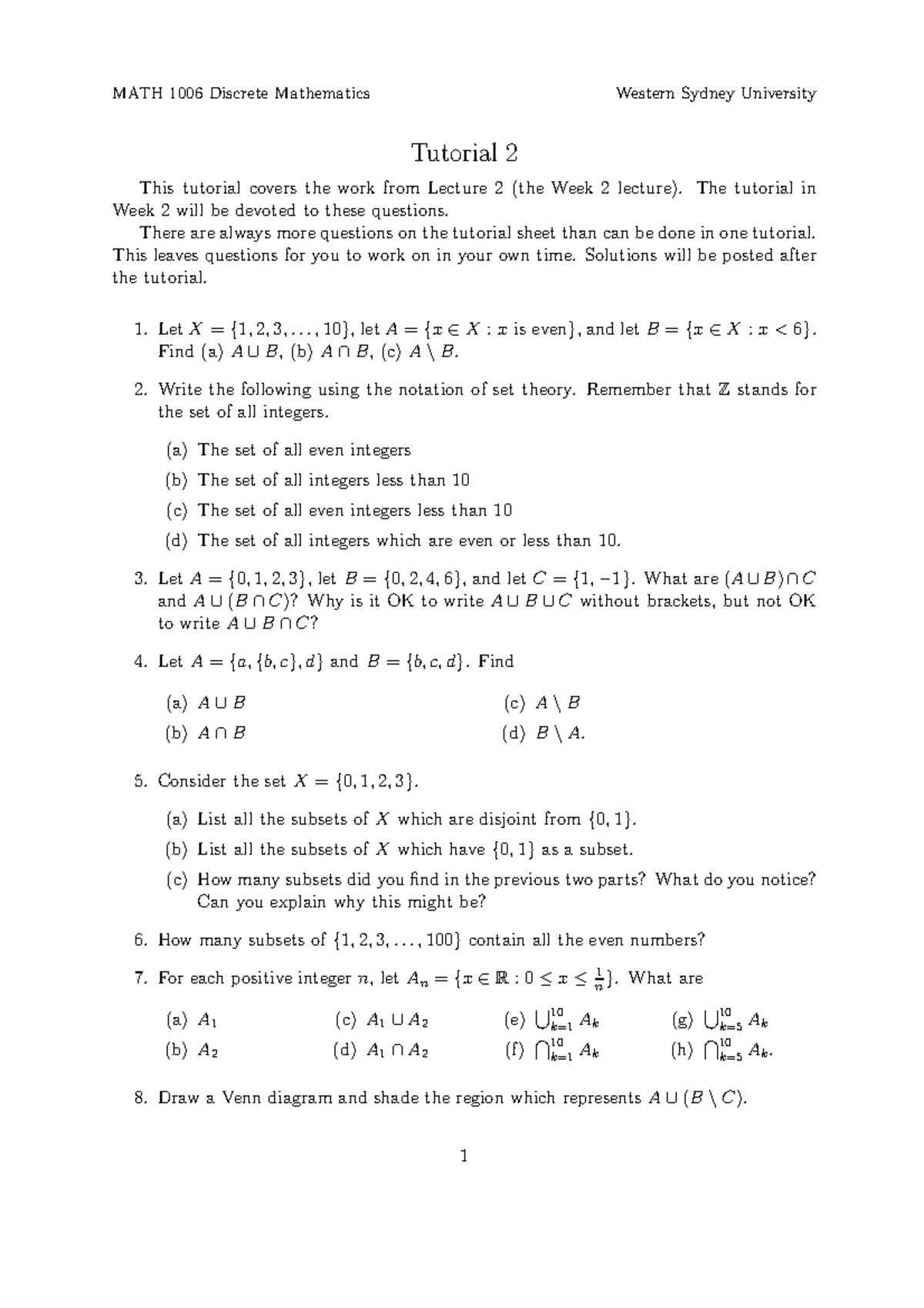 Tutorial 2 - MATH 1006 Discrete Mathematics Western Sydney University Tutorial 2 This tutorial ...