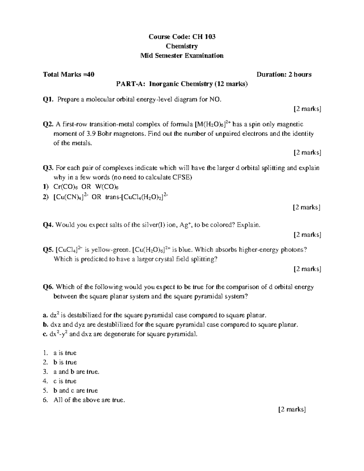 Mid-Semester exam CH-103 2022 - Course Code: CH 103 Chemistry Mid ...