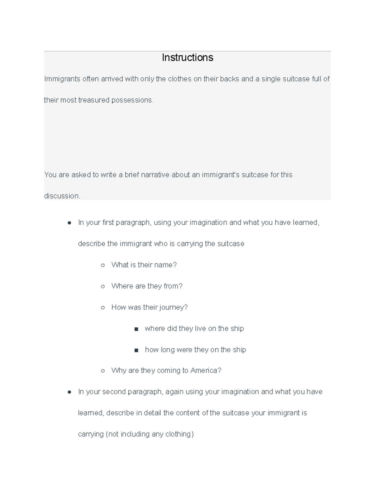 Unit 3 Discussion - The Suitcase - Instructions Immigrants often ...