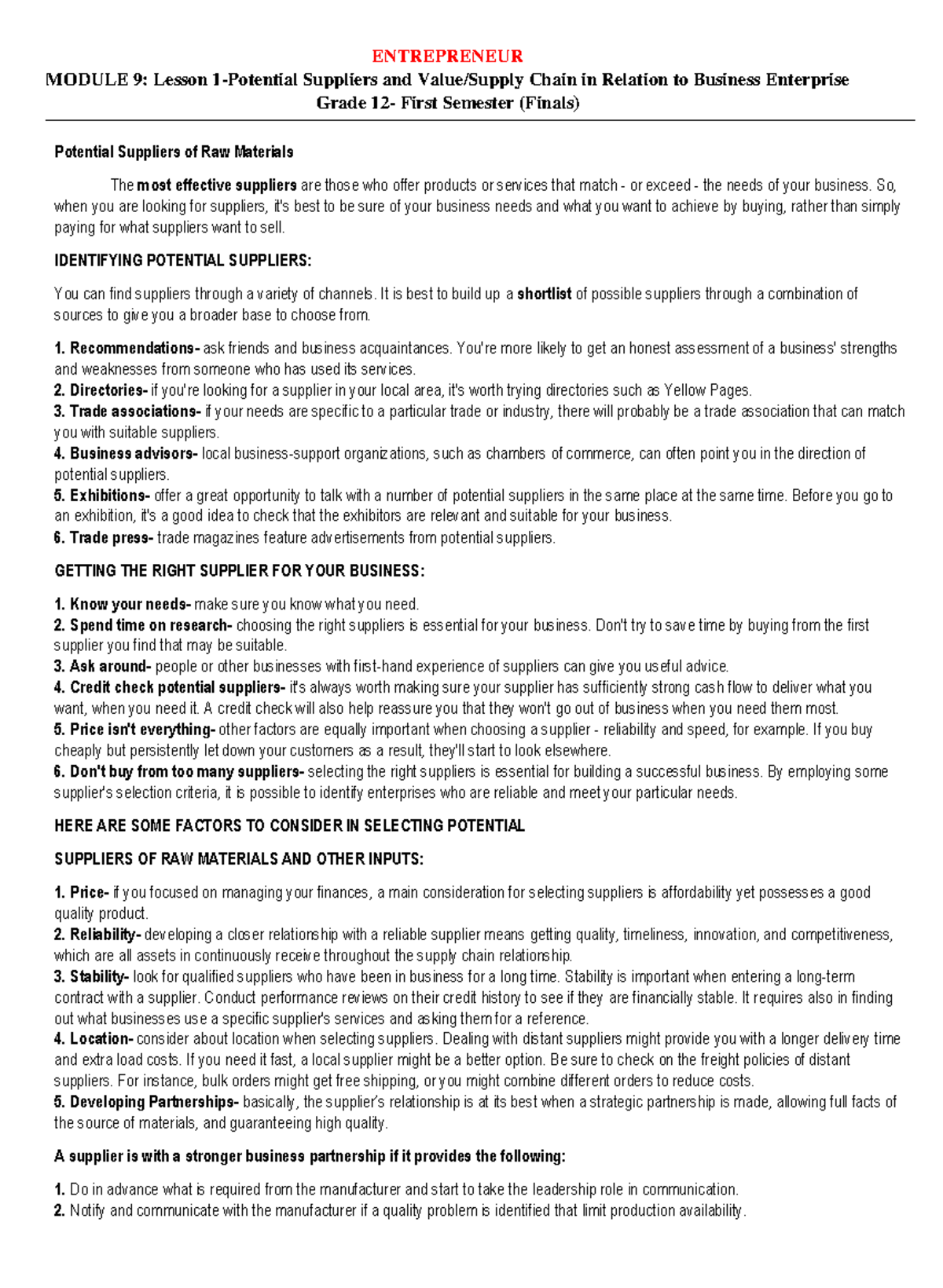 Entrep Module 9 - ENTREPRENEUR MODULE 9 : Lesson 1-Potential Suppliers ...