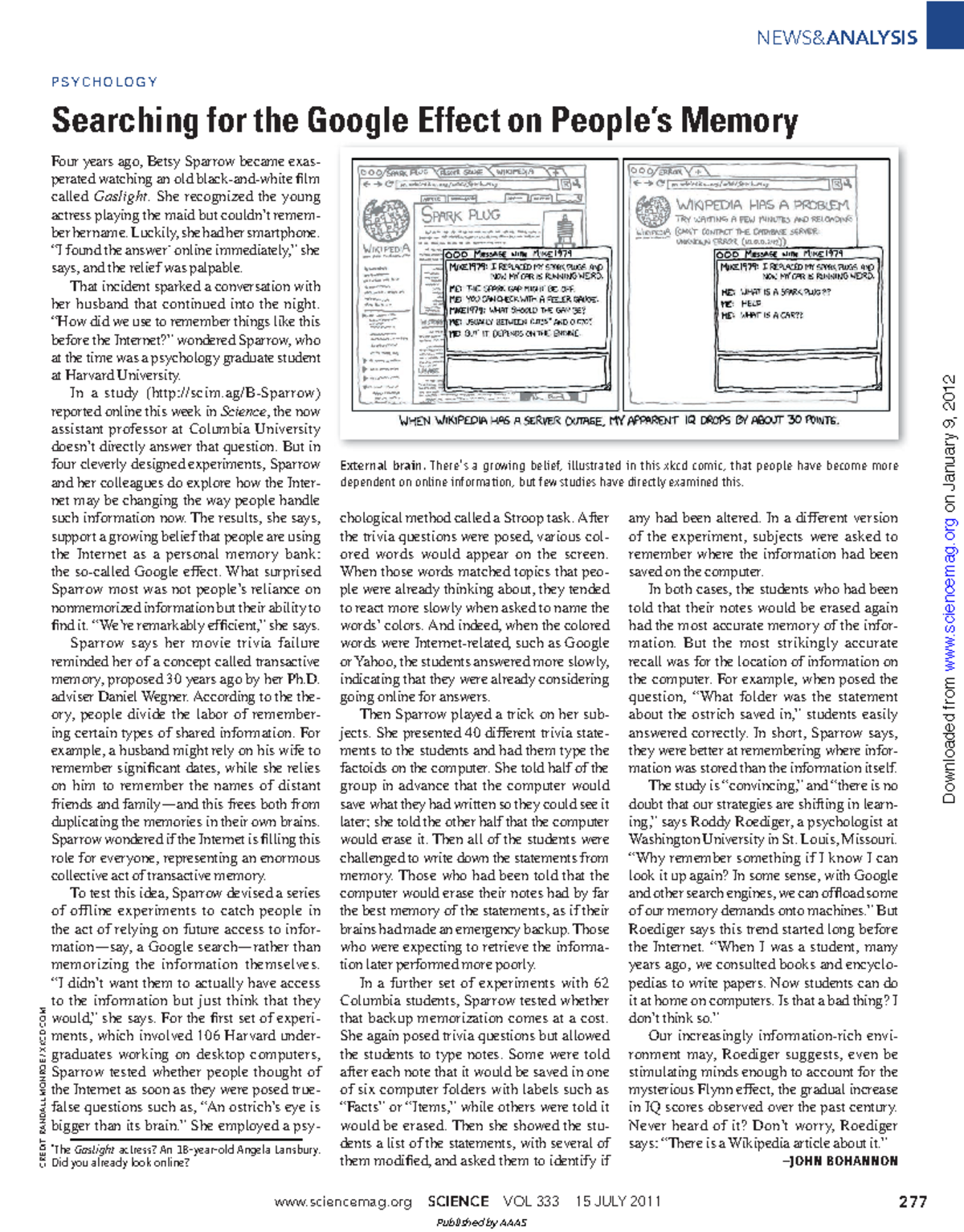 Google effect on people's memory - sciencemag SCIENCE VOL 333 15 JULY ...
