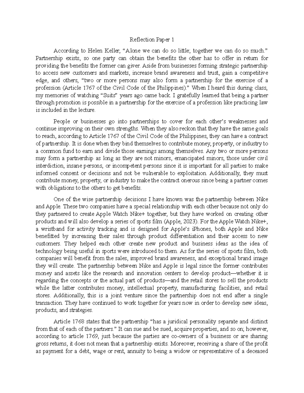 Partnerships Law Reflection Paper - Reflection Paper 1 According to ...