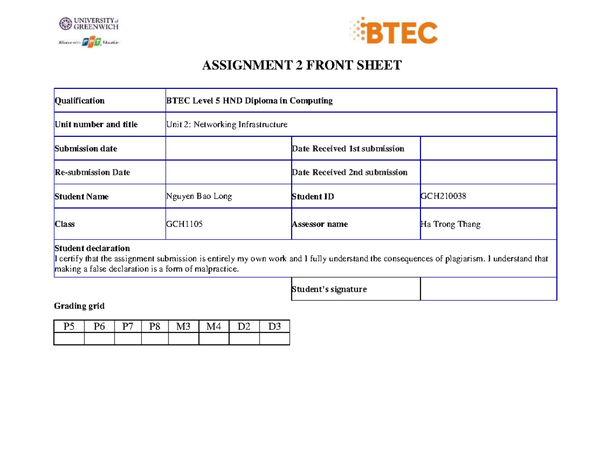 1 Unit 2 Assignment 2 Frontsheet Gch1105 Assignment 2 Front Sheet Qualification Btec Level
