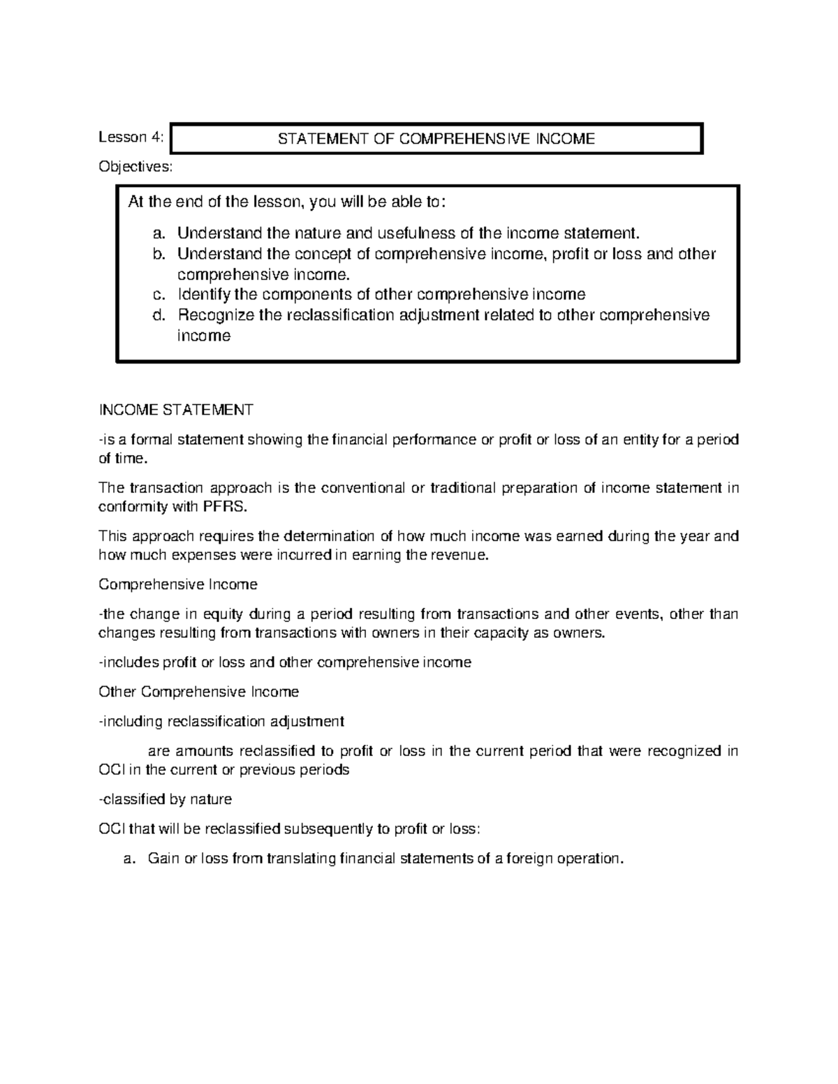 Lesson 4 And 5 Accounting 106 Lesson 4 Objectives INCOME STATEMENT