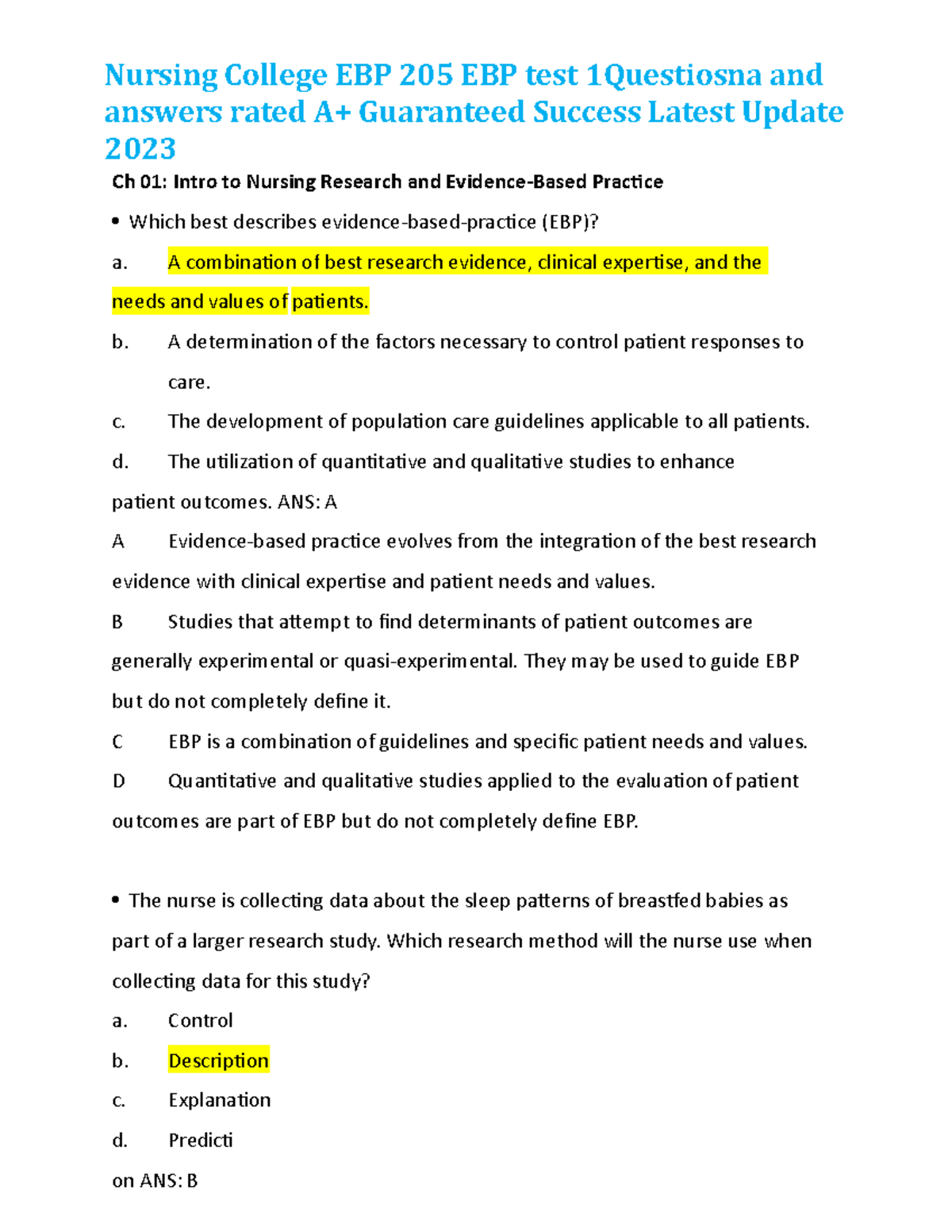 Nursing College EBP 205 EBP test 1Questiosna and answers rated A+ ...