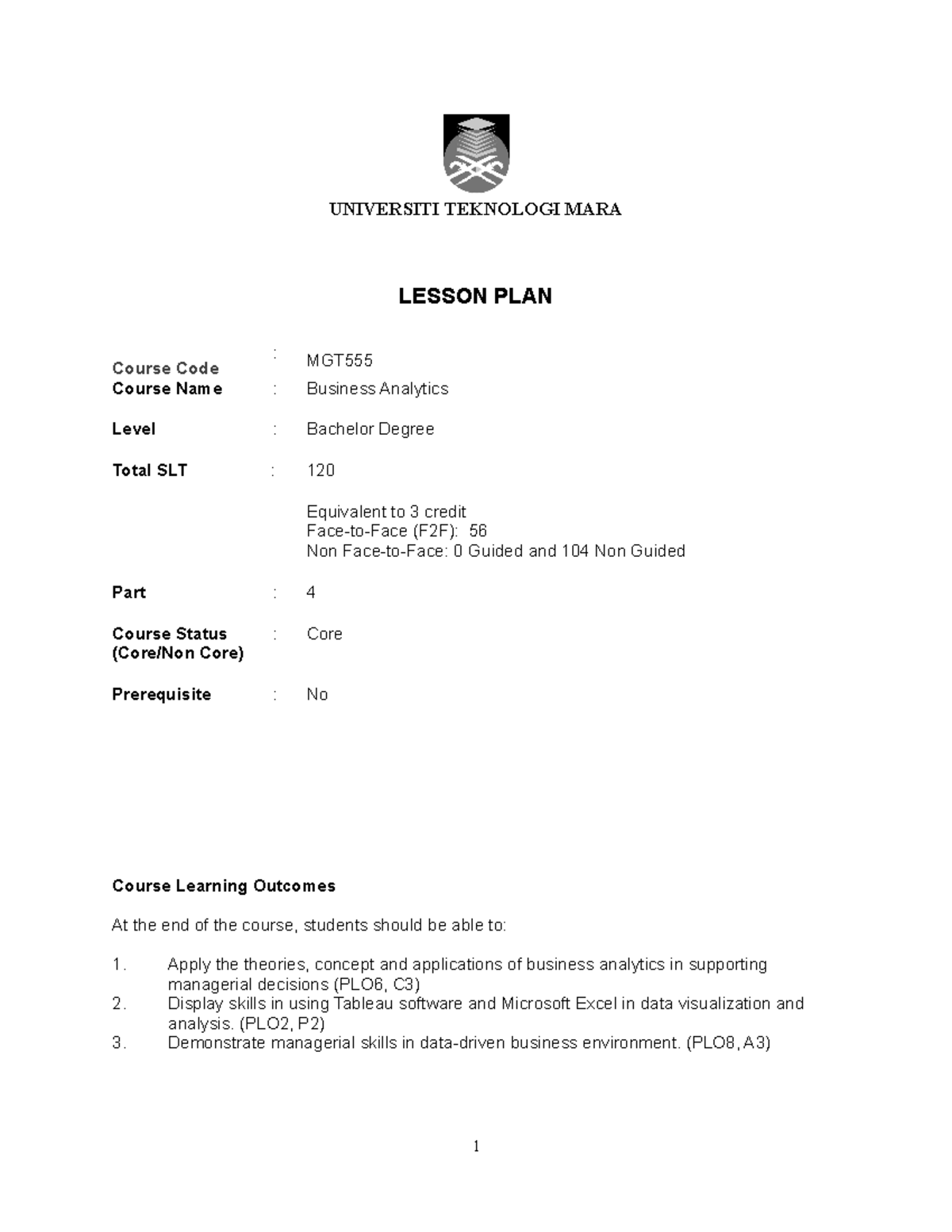 Lesson plan - uitm - UNIVERSITI TEKNOLOGI MARA LESSON PLAN Course Code ...