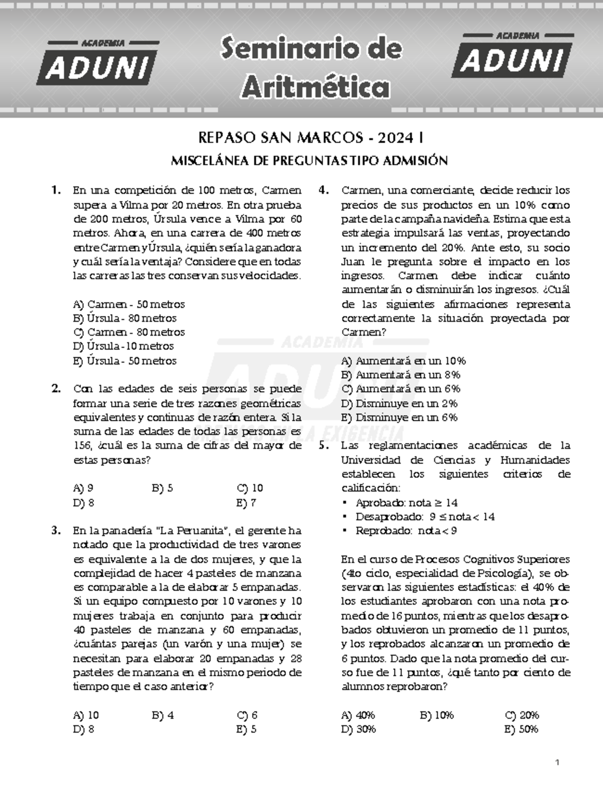 Seminario AR RSM 2024 I - practica para examen - Repaso San Marcos Seminario de Aritmética ...