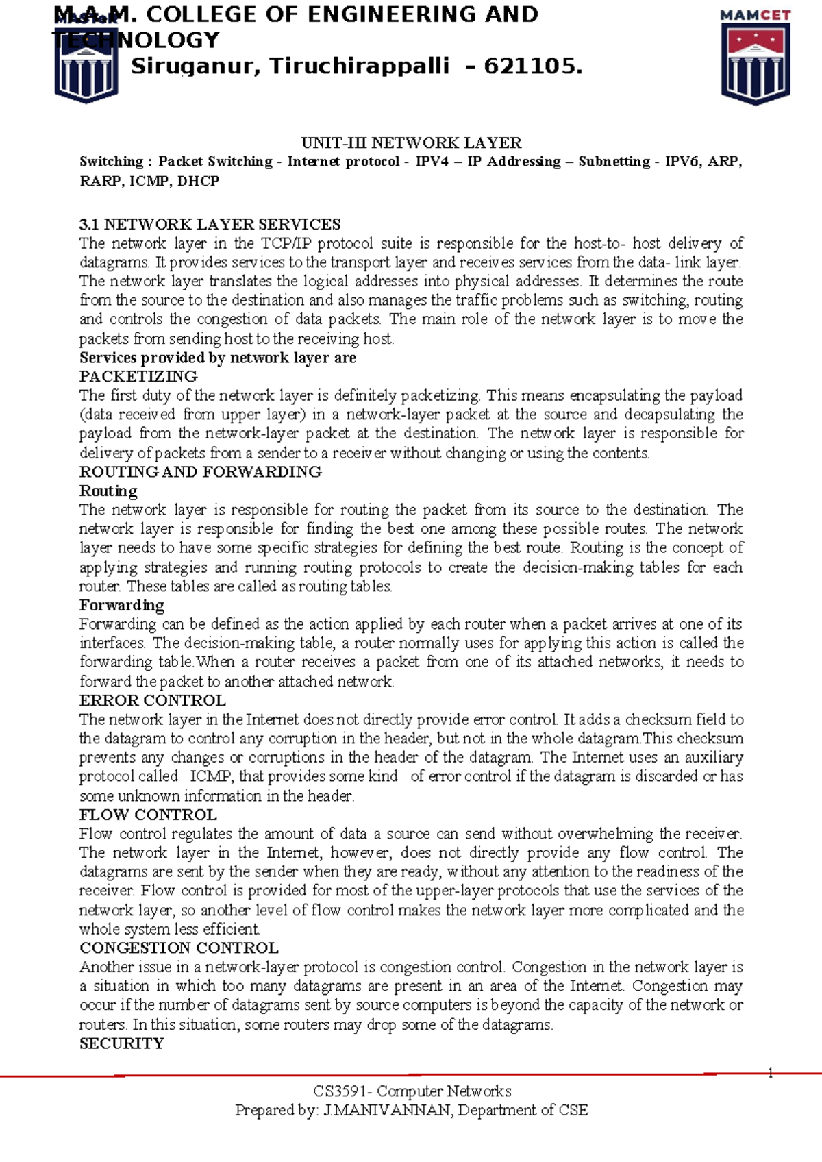 UNIT-III - Nil - TECHNOLOGY Siruganur, Tiruchirappalli – 621105. UNIT ...