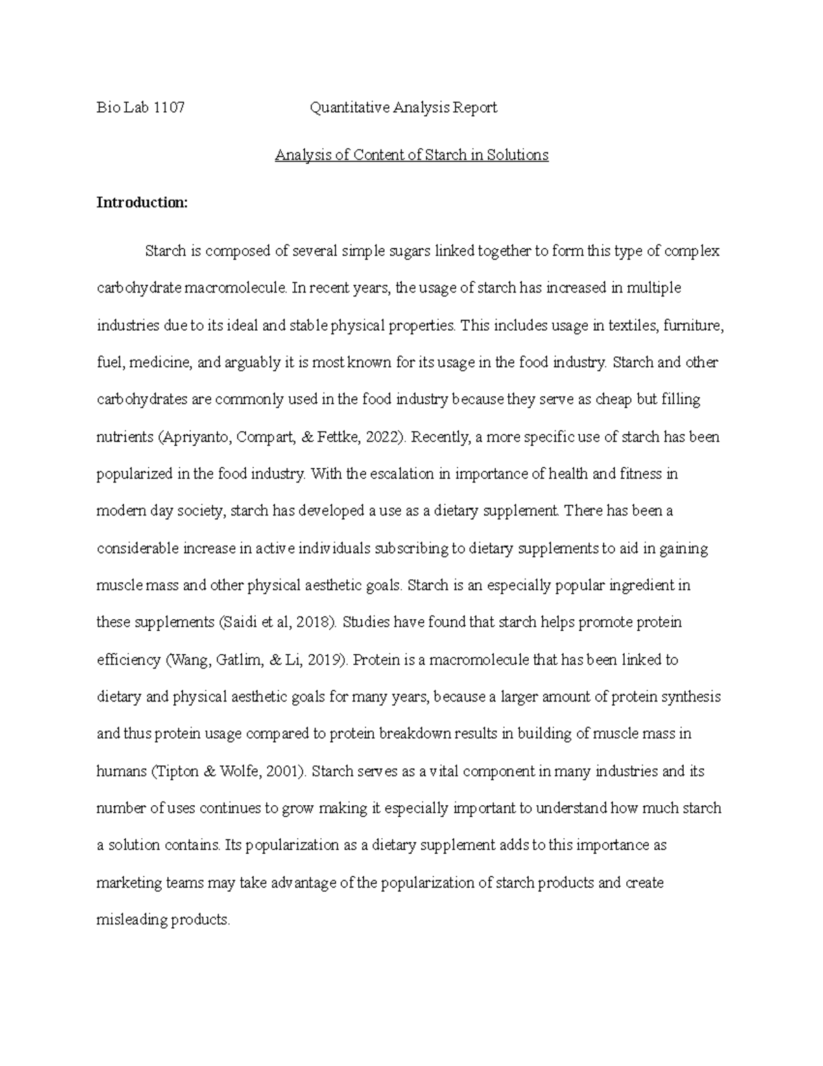 1107LWK6 - wsfe - Bio Lab 1107 Quantitative Analysis Report Analysis of ...