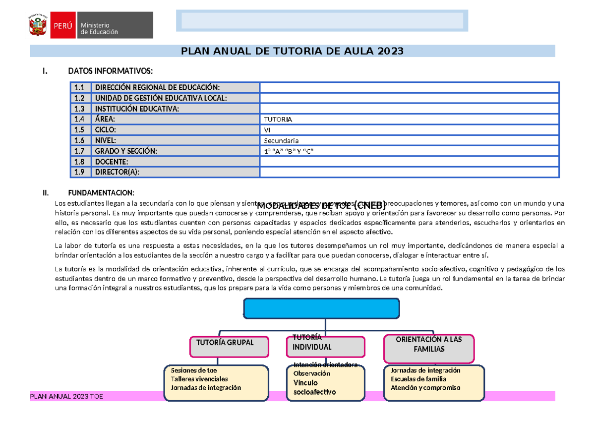PLAN Anual Tutoria 1° SEC 2023 - PLAN ANUAL DE TUTORIA DE AULA 2023 I. DATOS INFORMATIVOS: 1 ...