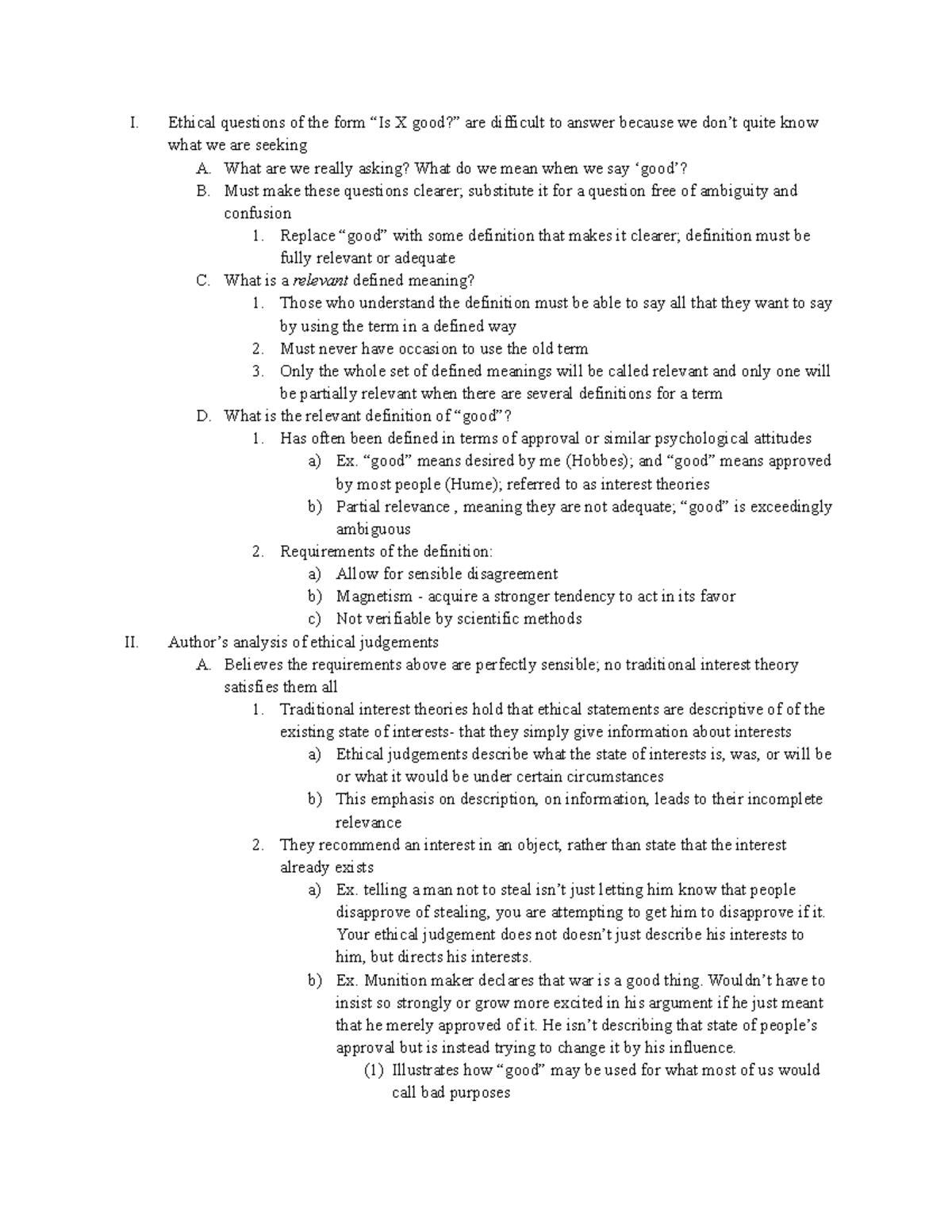 Stevenson Ethical Terms Reading Notes - I. Ethical questions of the ...